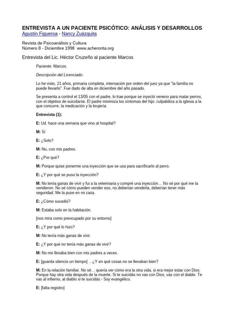 1988 Entrevista A Un Paciente Psic Tico An Lisis y Desarrollosagust N Figueroa Nancy Zu Zquita ...