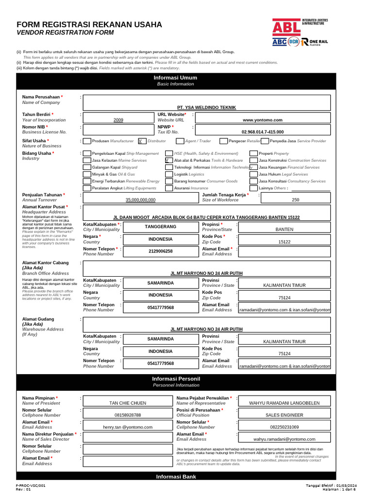 Vendor Registration Form - ABL, DCA & ABC | PDF
