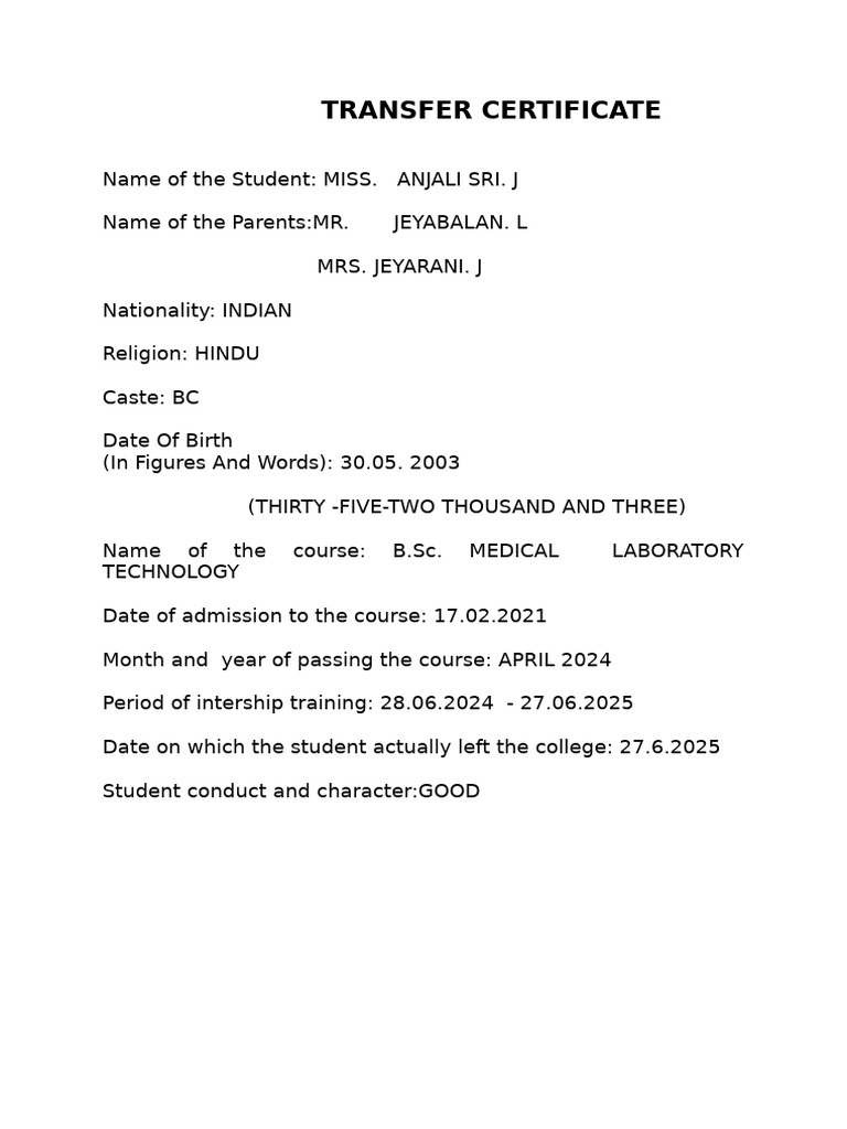 Transfer Certificate for Anjali Sri. J | PDF