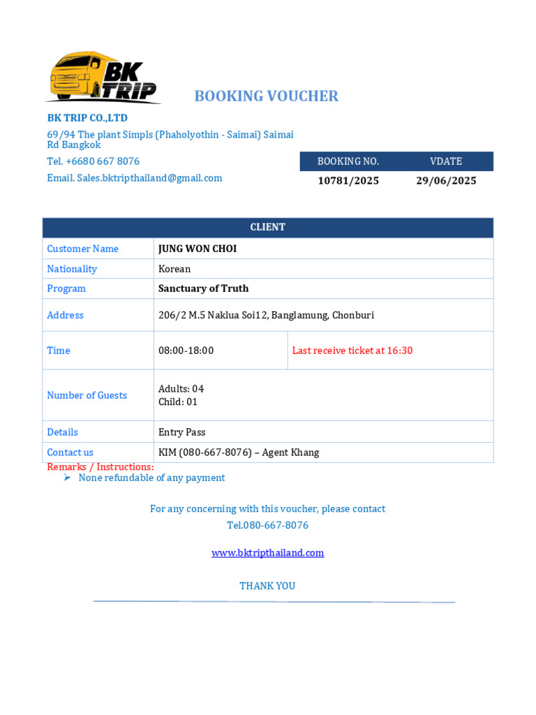 Booking Voucher: BK Trip Co.,Ltd | PDF