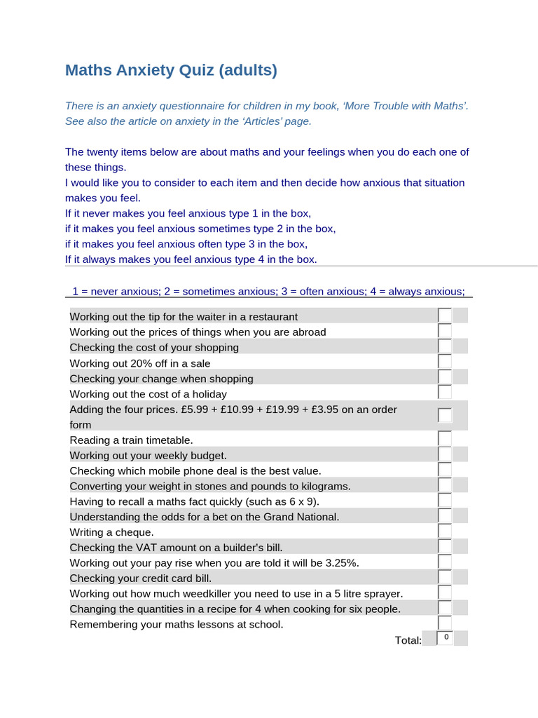 Maths Anxiety Quiz | PDF