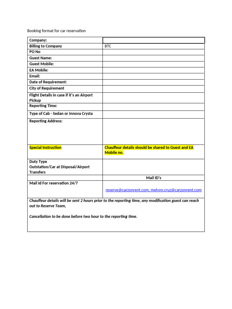 Booking Format For Car Reservation | PDF