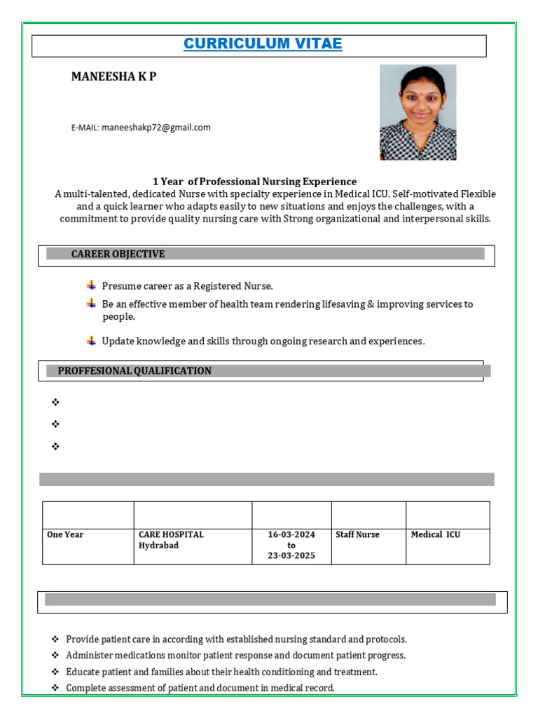 Maneesha K P Resume New | PDF | Nursing | Intensive Care Unit