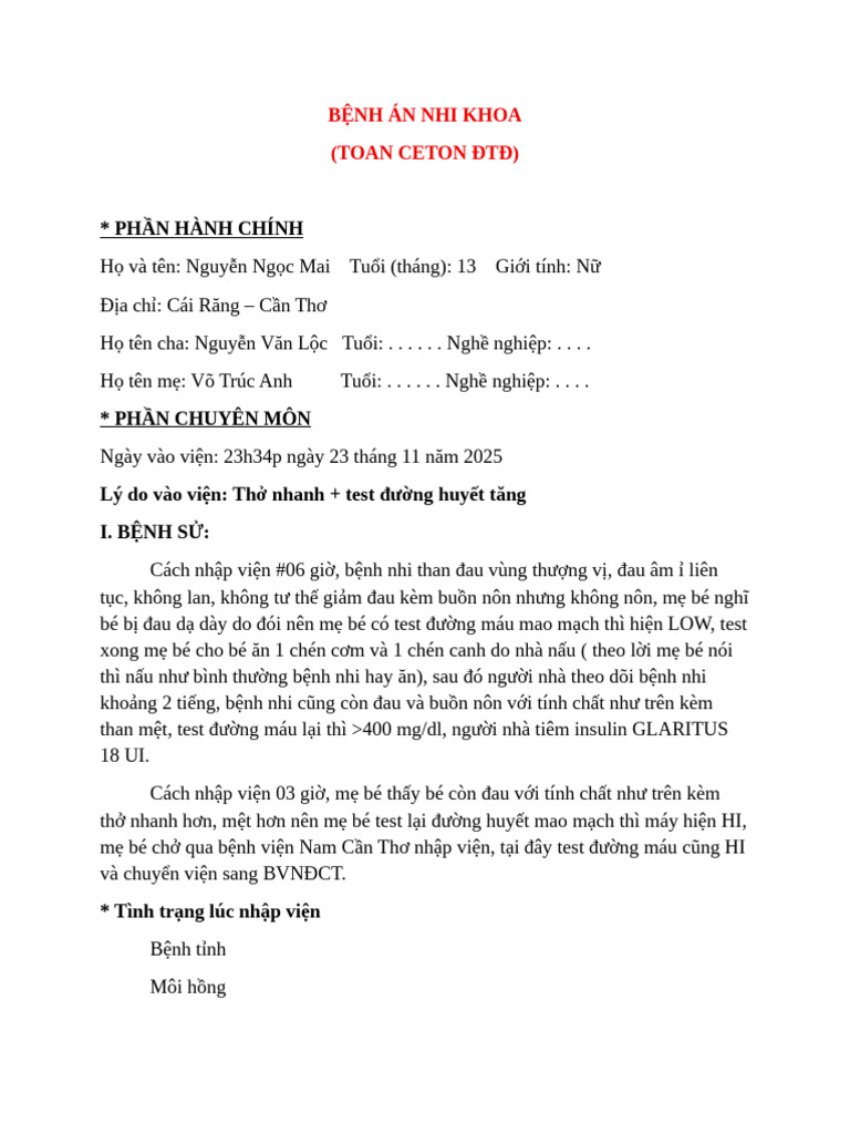 Bệnh Án Toan Ceton Đtđ | PDF