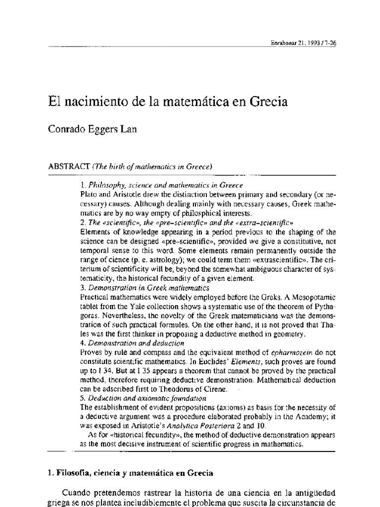 El Nacimiento de La Matemática en Grecia: Conrado Eggers Lan | PDF