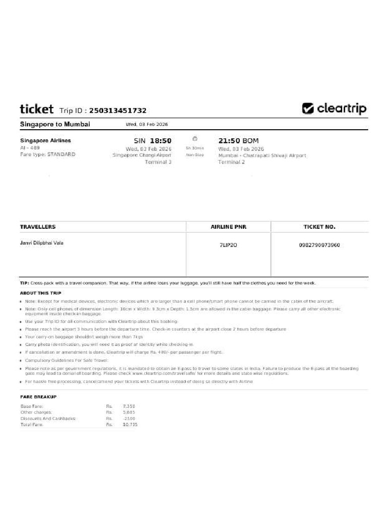 Cleartrip Flight E-Ticket | PDF