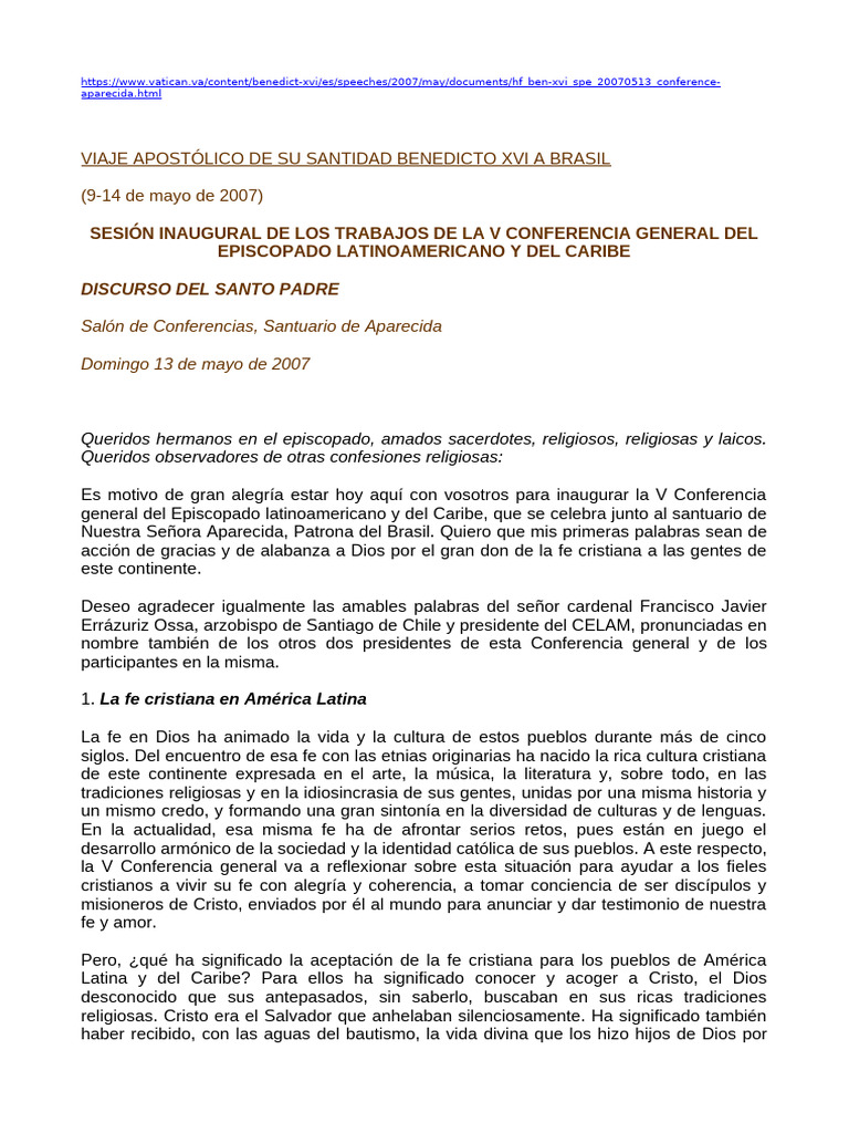 Discurso de Benedicto XVI en Aparecida | PDF | eucaristía | Cristo (título)