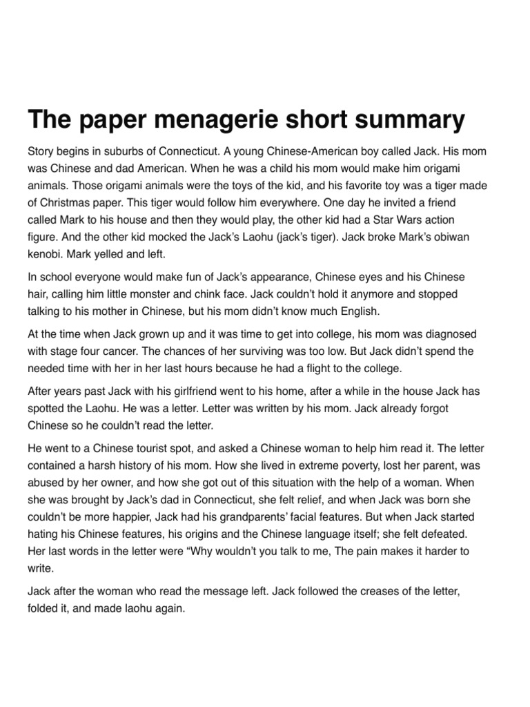 The Paper Menagerie Short Summary | PDF