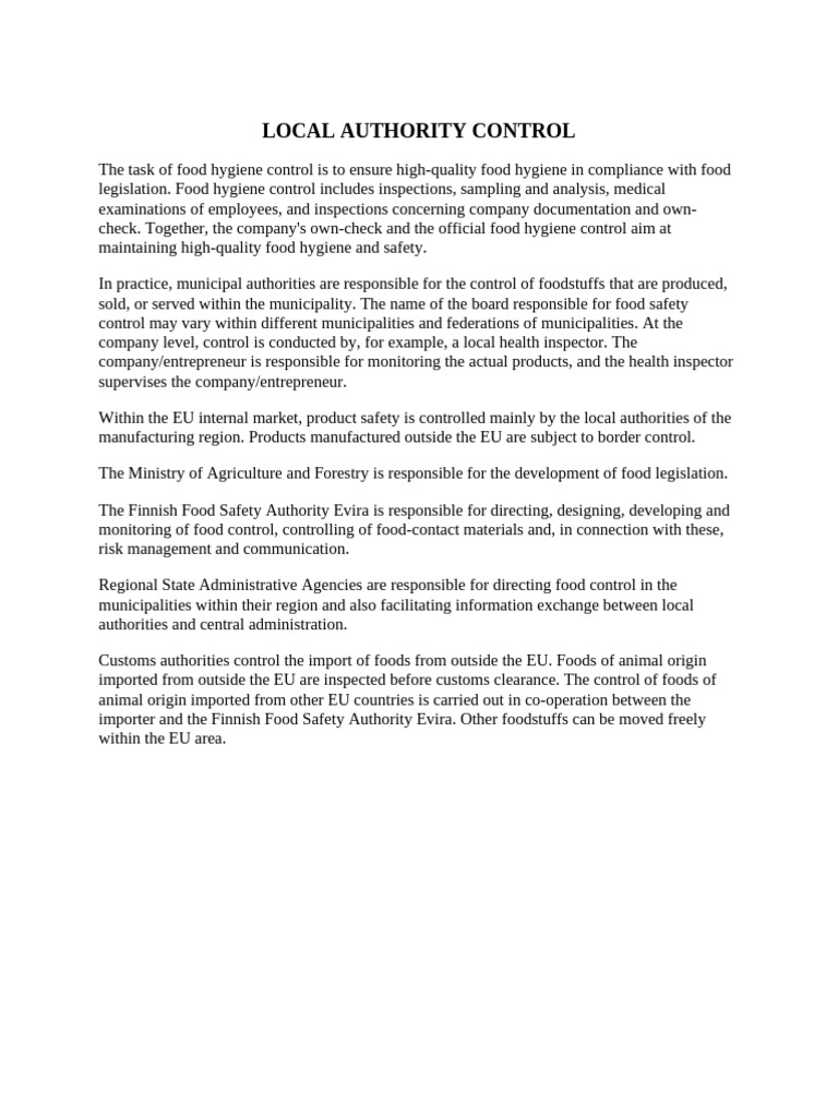 Local Authority Control | PDF | Food Safety | Customs