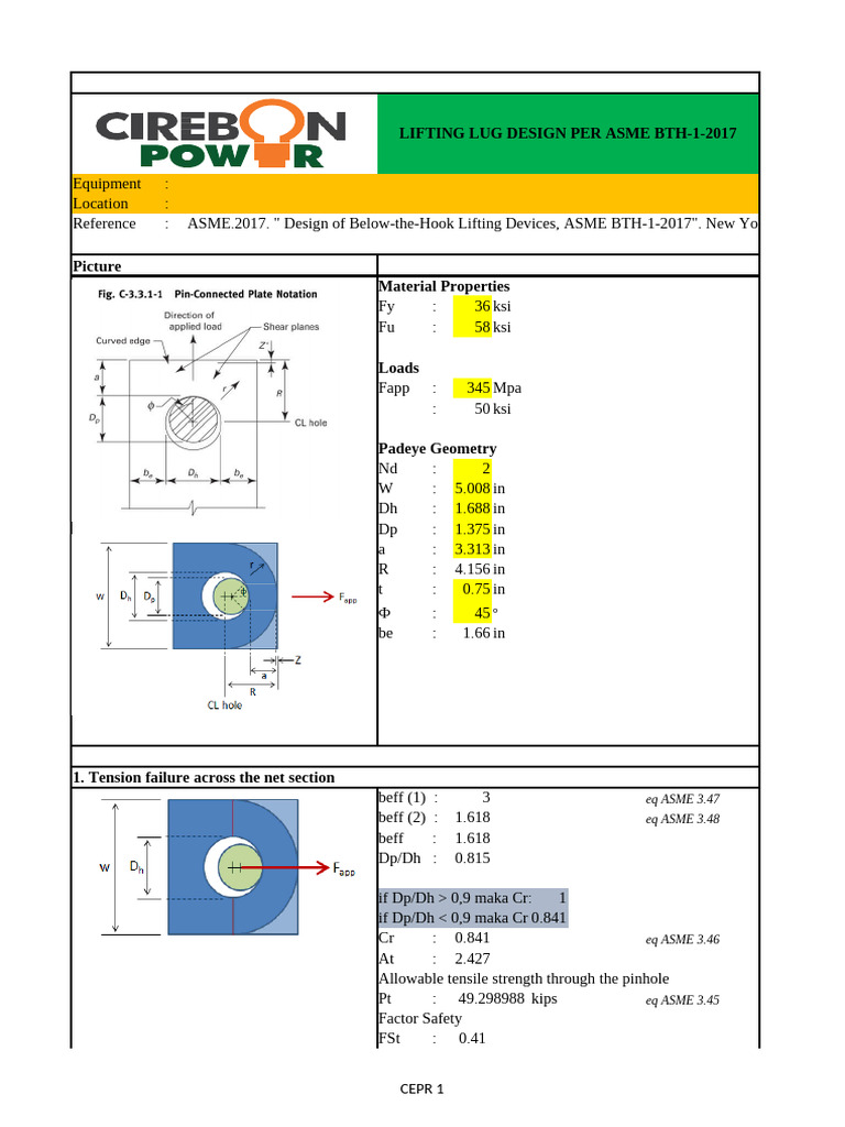 Lifting Lug Design Analysis ASME BTH-1 | PDF