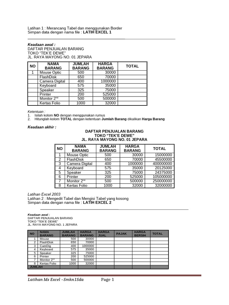 Panduan Latihan Excel untuk Tabel dan Rumus | PDF