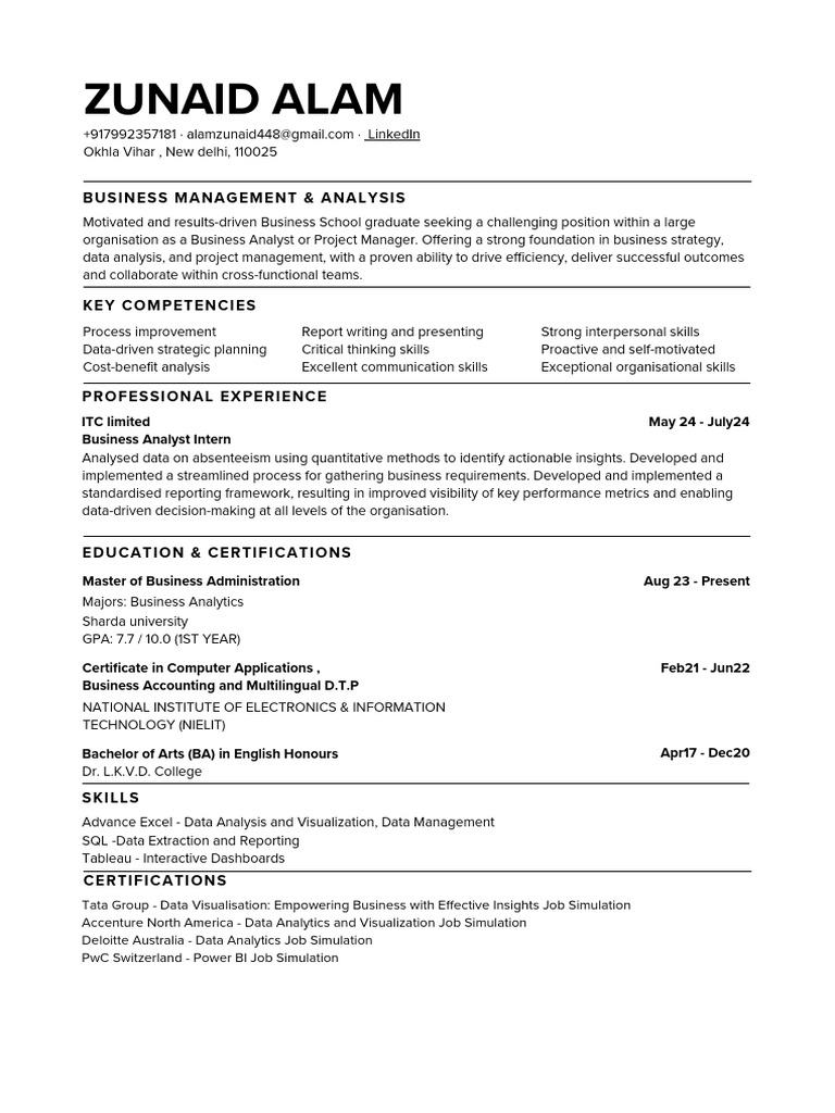 Zunaid Alam Business Analyst Resume | PDF
