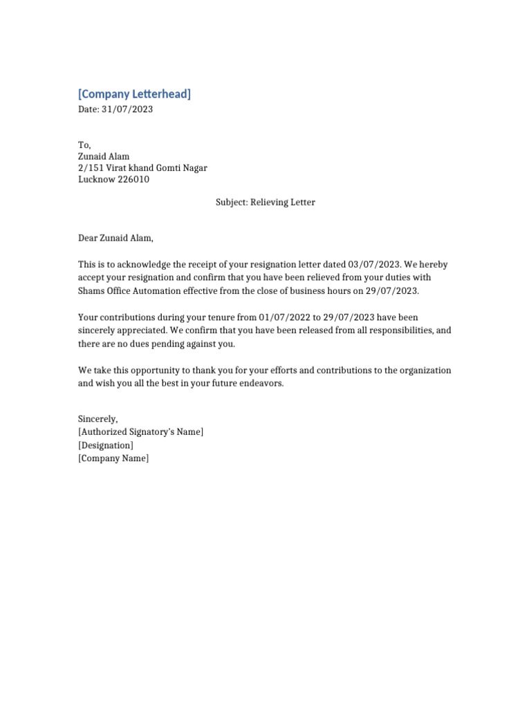 Relieving Letter for Zunaid Alam | PDF
