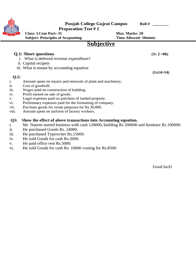 Principles of Accounting Test - I.Com Part I | PDF