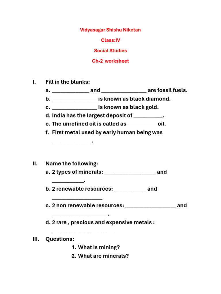 Vidyasagar Shishu Niketan Class:IV Social Studies Ch-2 Worksheet | PDF