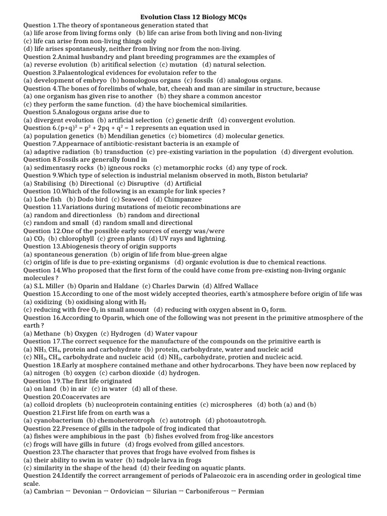 Evolution Class 12 Biology MCQs | PDF | Homo | Natural Selection