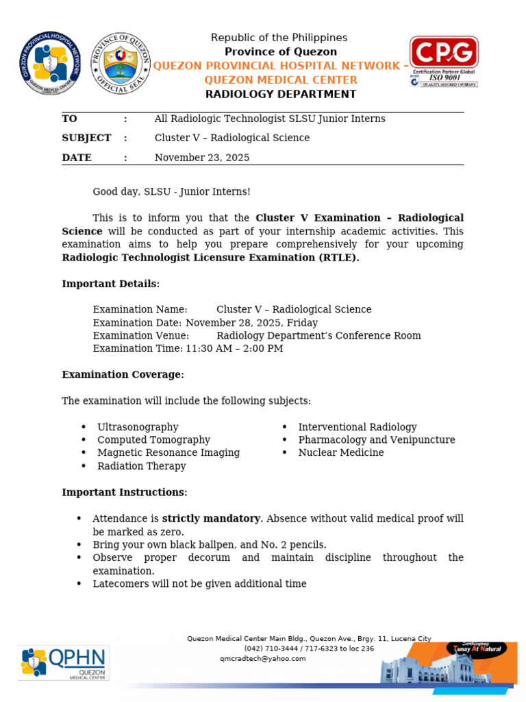 Cluster V Radiological Science Exam Details | PDF | Radiology | Medicine