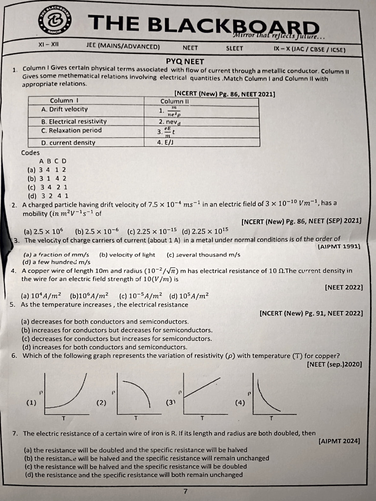 Class 12 Physics CH 3 Assignment 1 | PDF | Electric Current ...