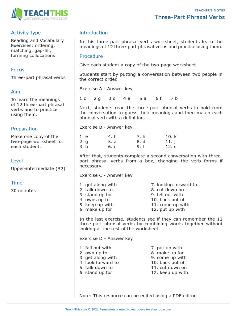 Three-Part Phrasal Verbs Worksheet | PDF