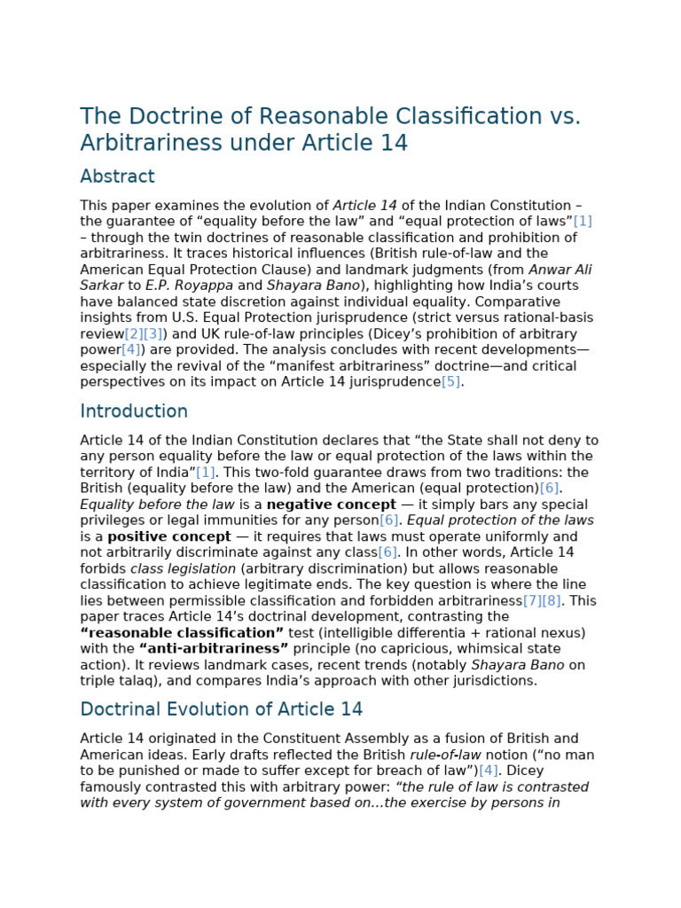 Article 14: Reasonable Classification vs. Arbitrariness | PDF | Equal ...