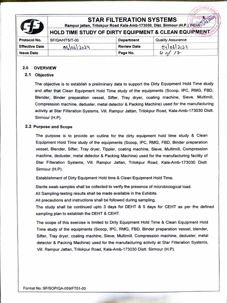 Dirty and Clean Equipment Hold Time Study | PDF