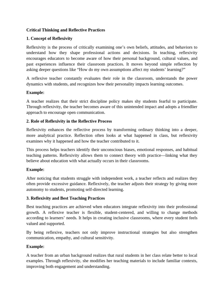 Critical Thinking and Reflective Practices | PDF | Reflective Practice | Teachers