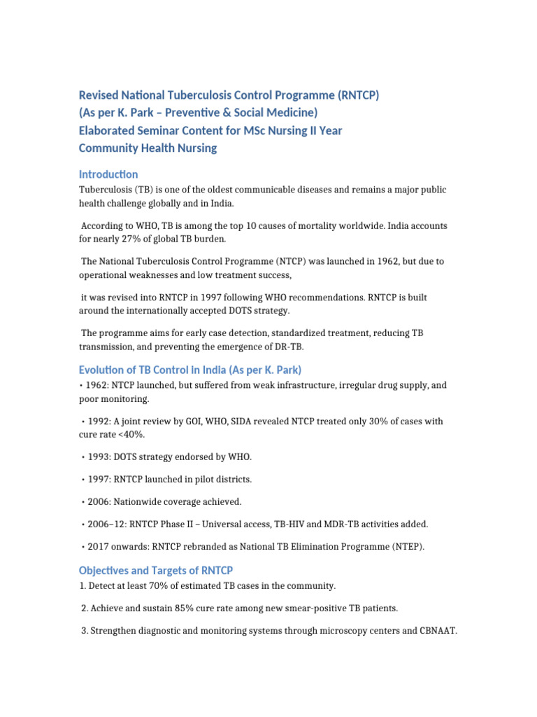 RNTCP Elaborated Seminar Content | PDF | Tuberculosis | Medicine