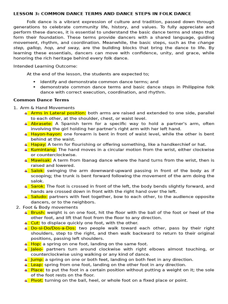 Folk Dance Terms and Steps Guide | PDF