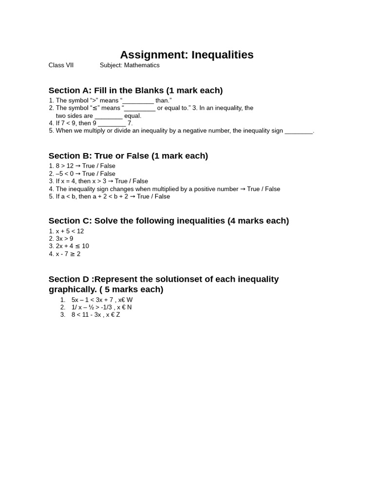 Class VII Mathematics: Inequalities Assignment | PDF
