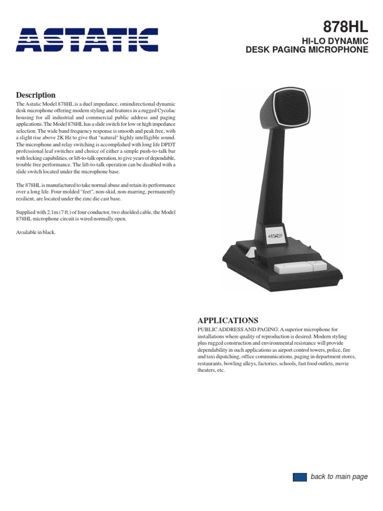 Astatic Microphone 878hl PDF | Microphone | Electrical Engineering