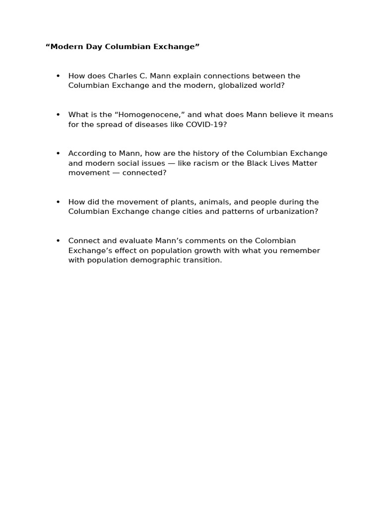 Modern Day Columbian Exchange Questions | PDF