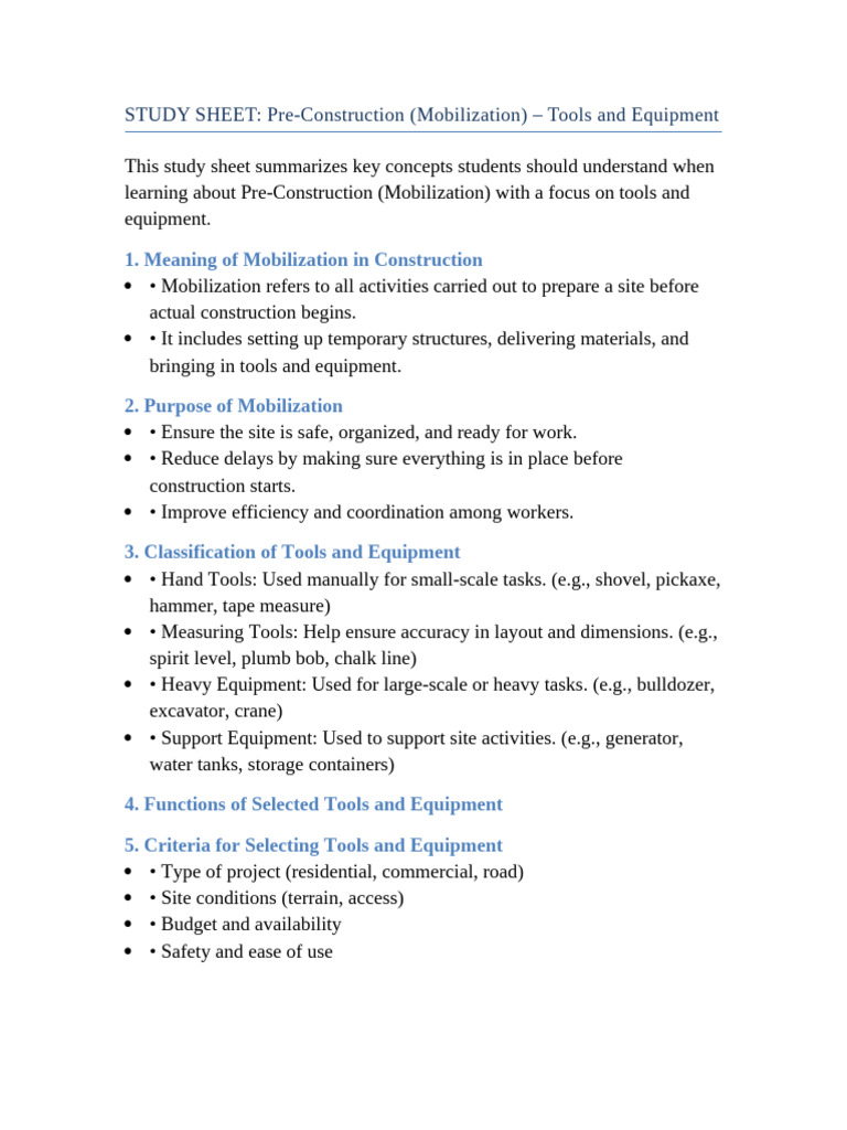 Pre-Construction Study Sheet | PDF | Crane (Machine) | Tools