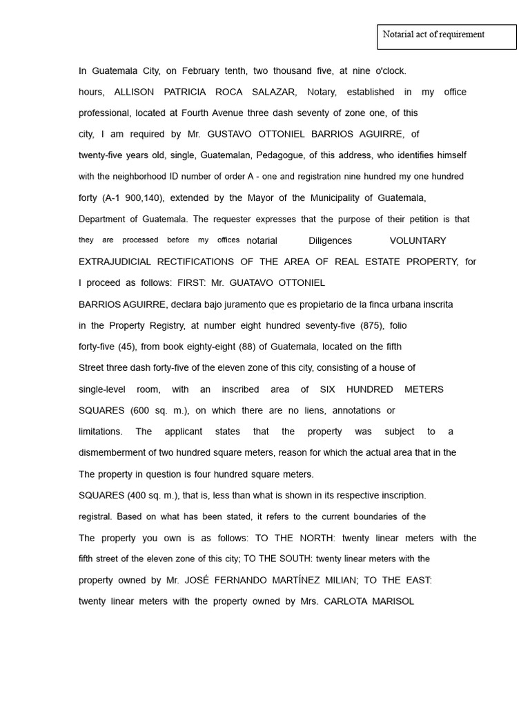 Notarial Act for Property Area Rectification | PDF | Guatemala