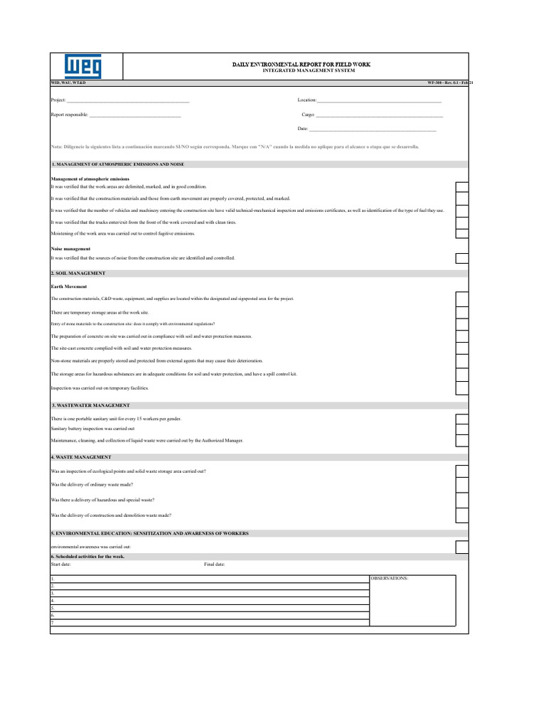 WF-300. Daily Environmental Report For Field Work v.01 | PDF | Waste ...