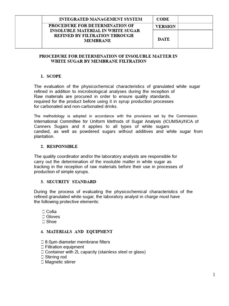 Procedure For Determining Insoluble Matter in White Sugar | PDF ...