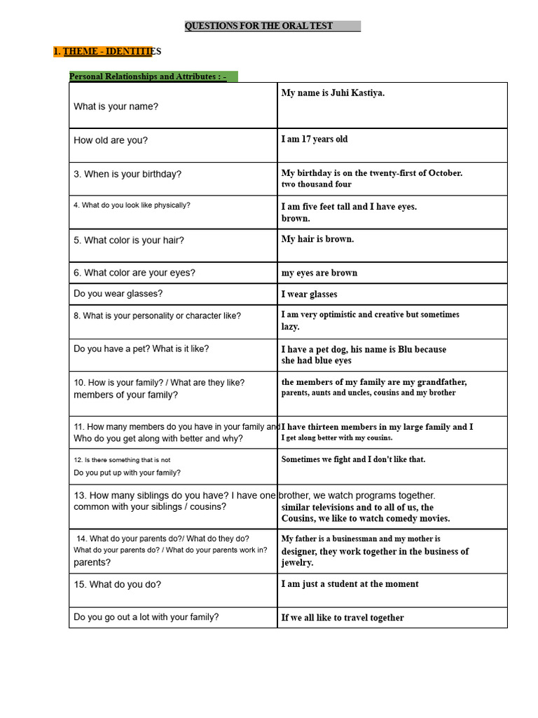 CONSOLIDATED Oral Test Questions Spanish Ab Initio | PDF | Lunch | Foods