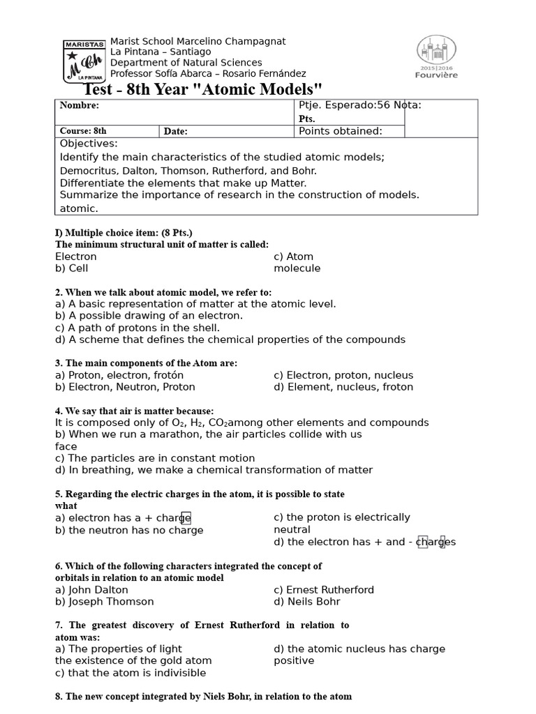 Test - Atomic Models | PDF | Atoms | Proton