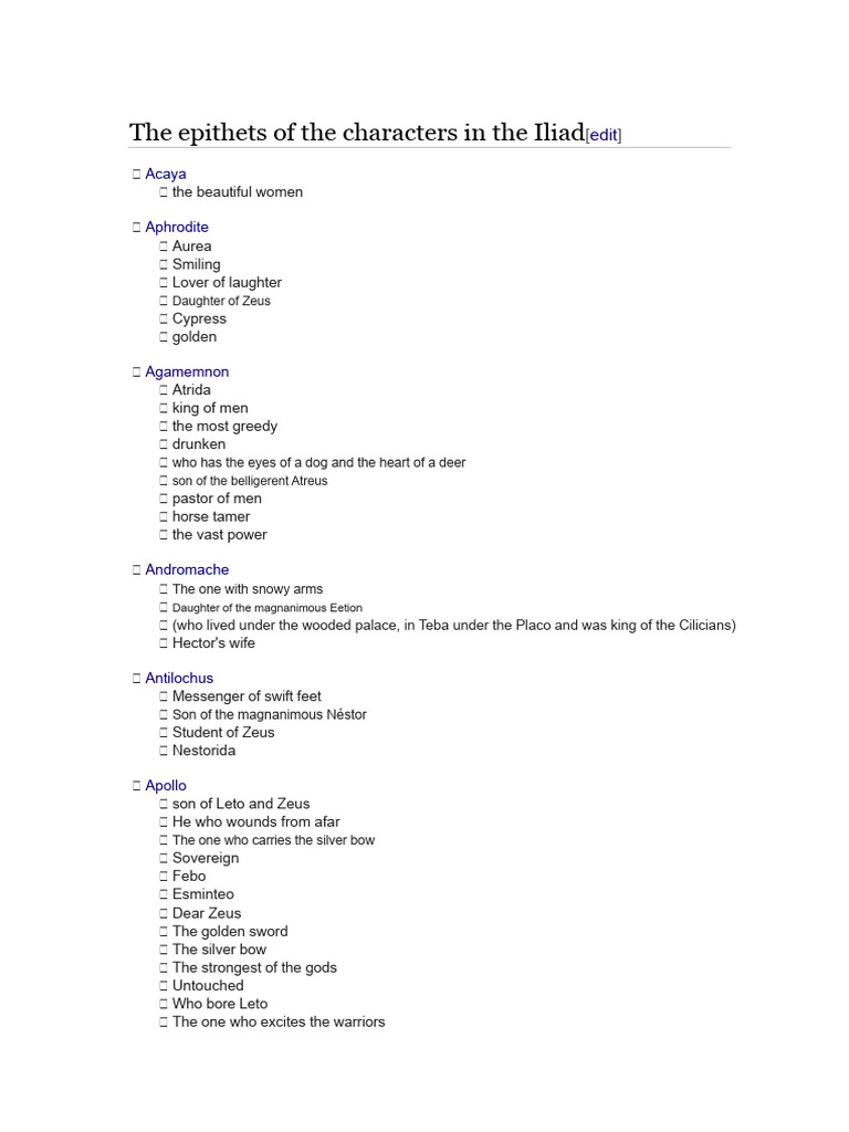 The Epithets of The Characters in The Iliad | PDF | Hector | Iliad