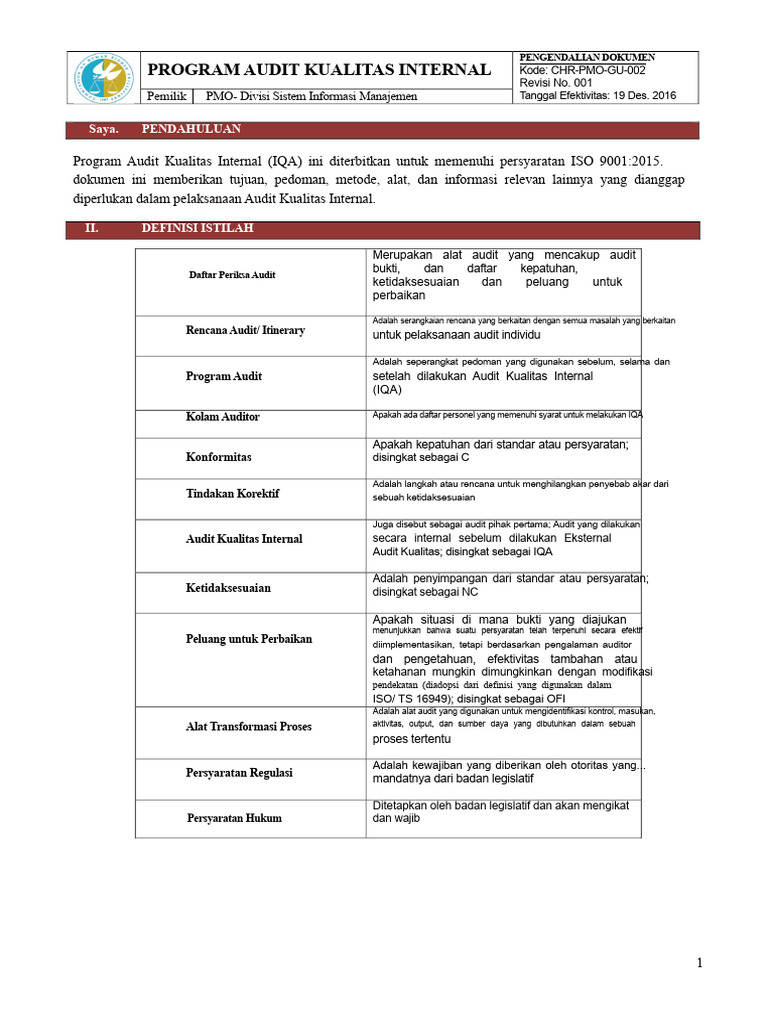 Program Audit Kualitas Internal ISO 9001 | PDF