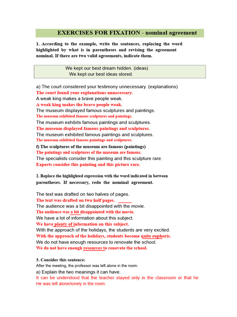 Nominal Agreement Exercises and Corrections | PDF | Grammatical Gender ...