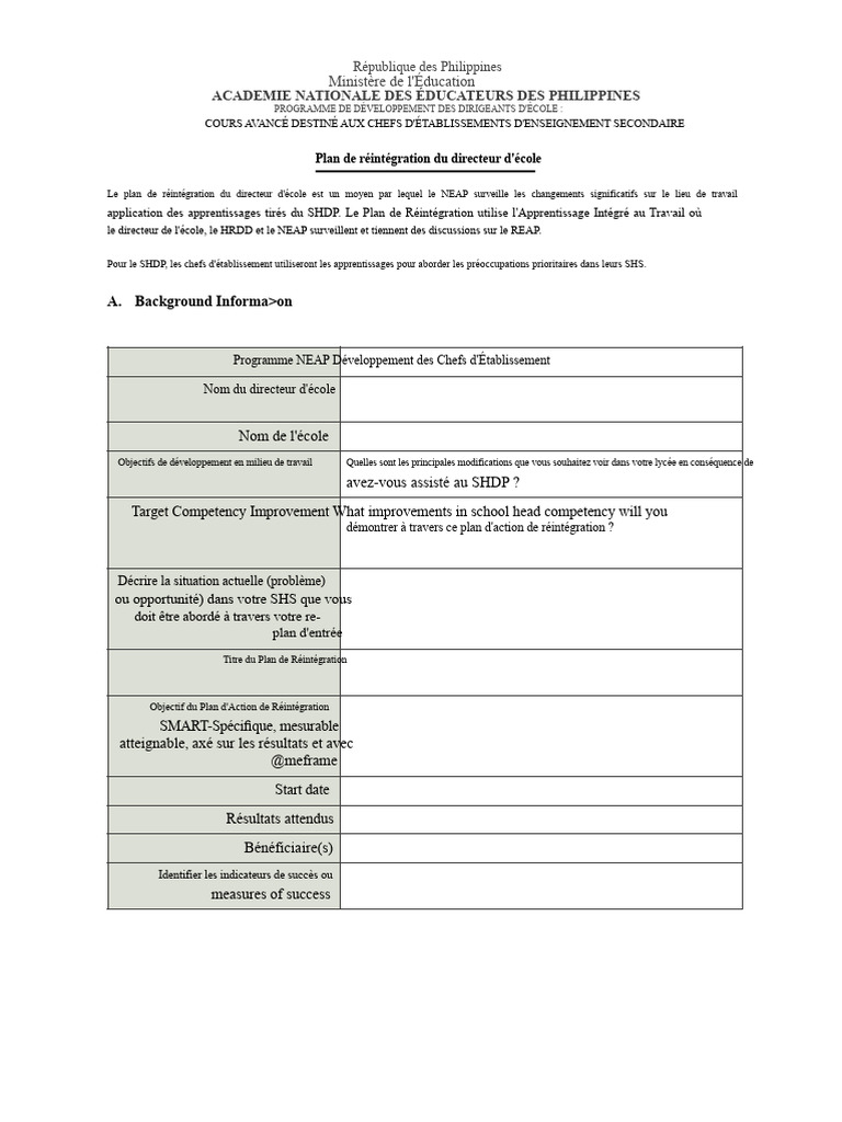 Plan de Réintégration des Directeurs d'École | PDF