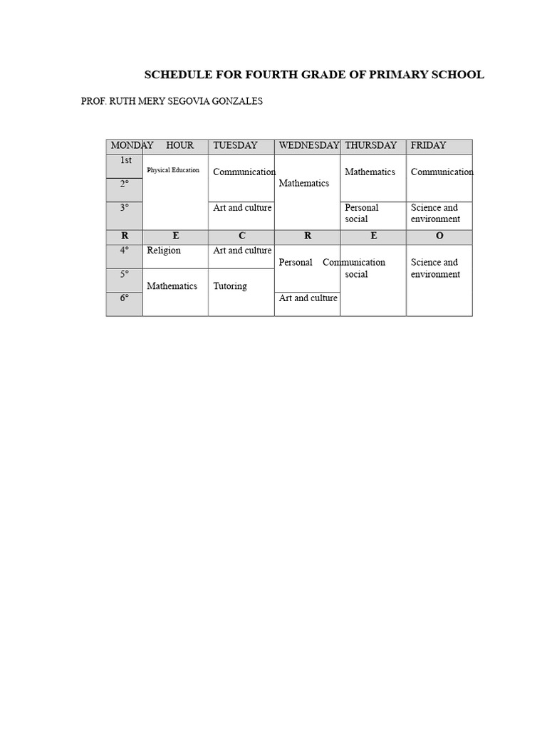 Schedule For Fourth Grade of Primary School | PDF