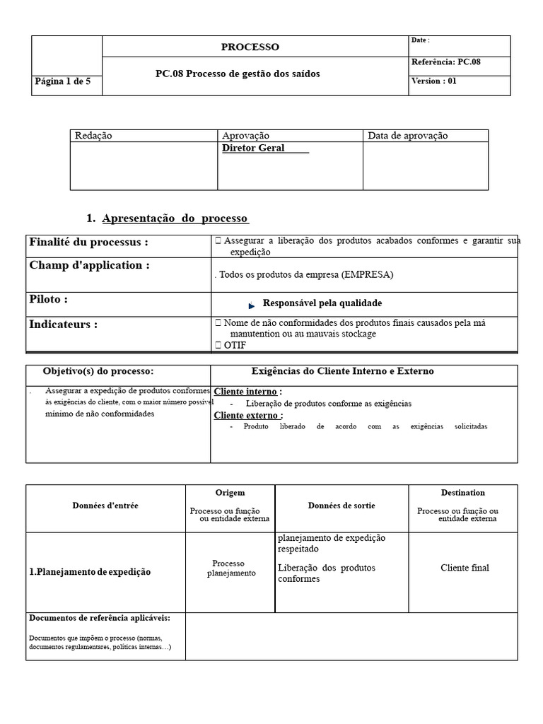 Ficha Processo Gestão de Saídas | PDF | Qualidade (negócios)