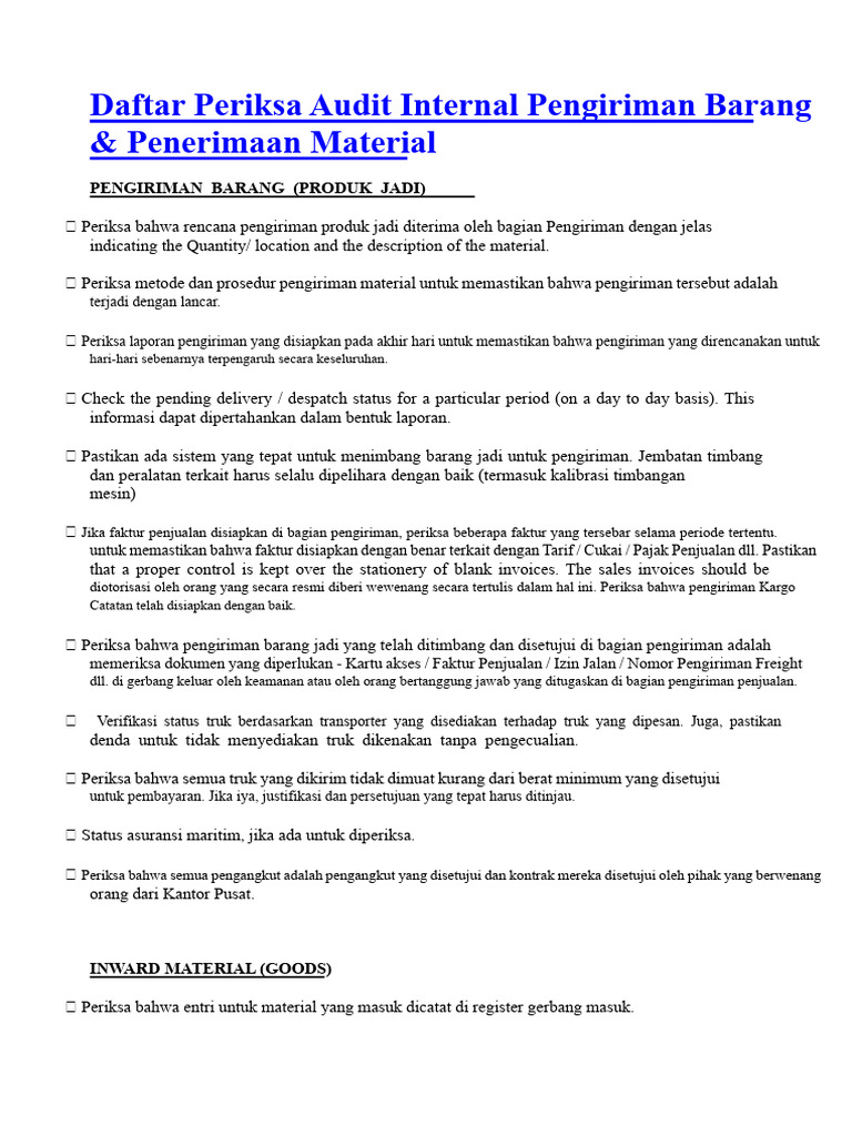 Daftar Periksa Audit Pengiriman Barang Dan Penerimaan Material | PDF