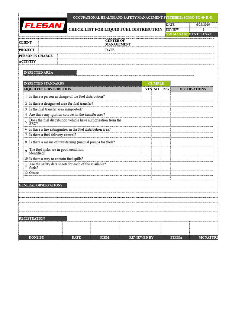 Liquid Fuel Distribution Checklist | PDF
