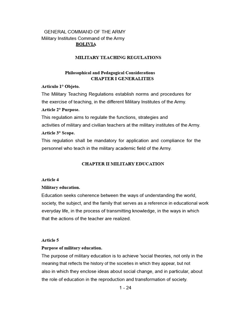 Bolivia Military Teaching Regulations | PDF | Knowledge | Teachers