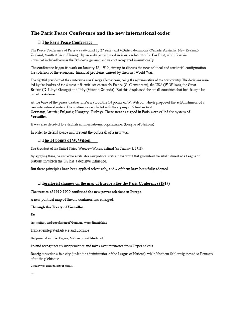 Paris Peace Conference Overview 1919 | PDF | League Of Nations | Treaty ...