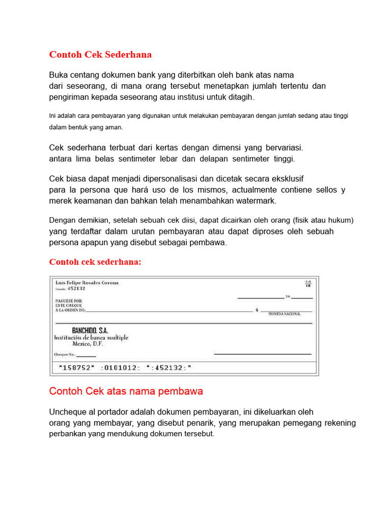 Contoh Cek Sederhana | PDF