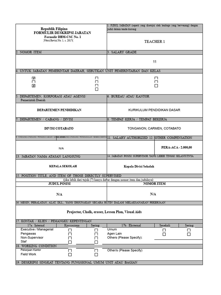 DBM-CSC Formulir No. 1 Deskripsi Jabatan Forms | PDF