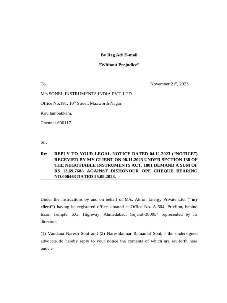 Reply To Notice | PDF | Cheque